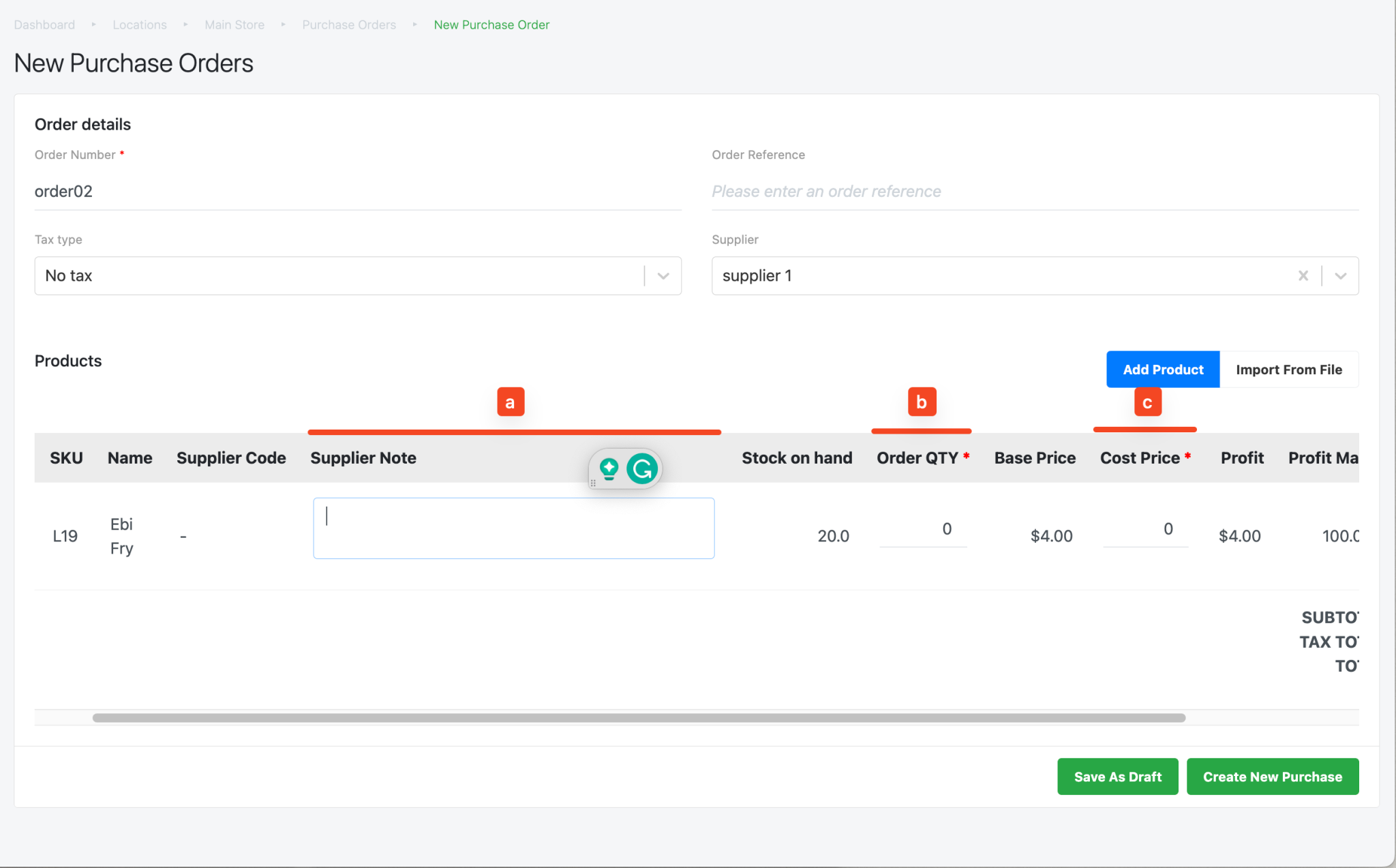 Creating a new Purchase Order | EPOS POS System