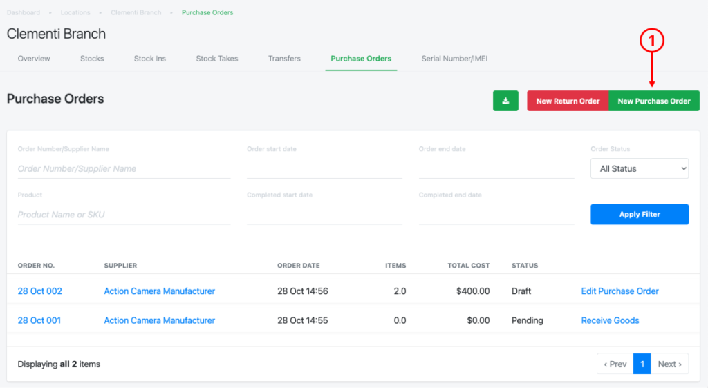 Creating a new Purchase Order | EPOS POS System