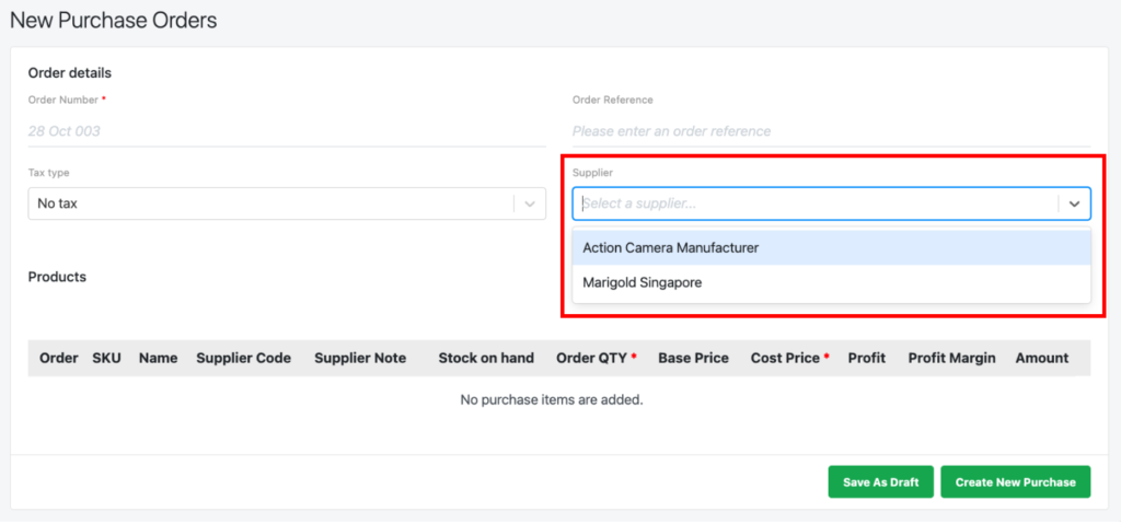 Creating a new Purchase Order | EPOS POS System