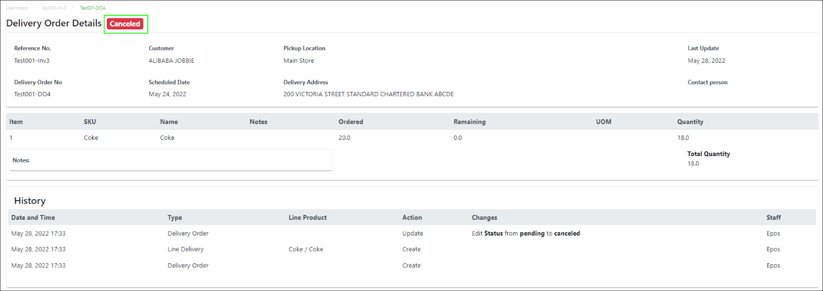 Delivery Order: Canceled Status | EPOS POS System