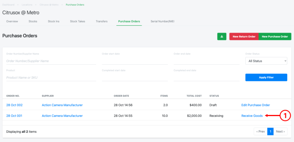 Receiving Goods for a Purchase Order | EPOS POS System