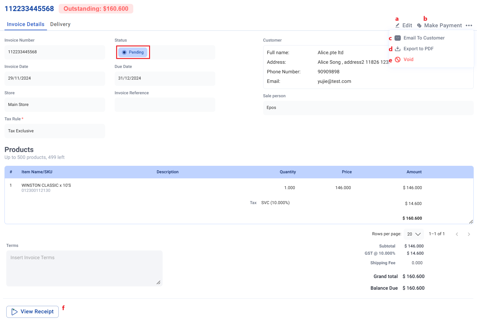 Invoice: Pending Status | EPOS POS System